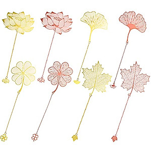 8 Pieces Metal Bookmarks Flowers with Chain Hollow Design Leaf Bookmark Personalized Handmade Present for Reader, Book Lovers, Writers, Students, Teachers, Gold and Rose Gold