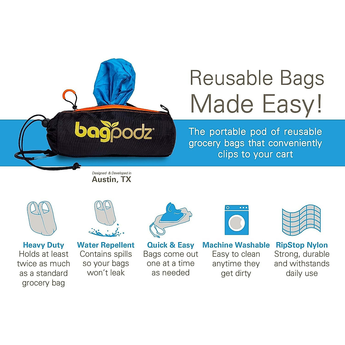 BagPodz Reusable Shopping Bags Inside a Compact Pod with Carry Clip RipStop Nylon Holds 50lbs Very Sturdy, 5 Pack in Blue