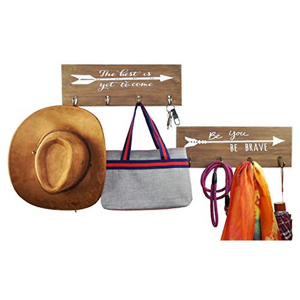 Spiretro Wall Key Hanger, Metal Hook Rack Organize Coat Hat Bag, Leash Holder, Set of 2 for Kids Entryway Hallway, Funny Arrow Sign & Inspirational Words, Rustic Wood_Teak