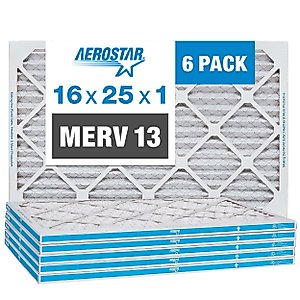 Aerostar 16x25x1 MERV 13 Pleated Air Filter, AC Furnace Air Filter, 6 Pack (Actual Size: 15 3/4" x 24 3/4" x 3/4")