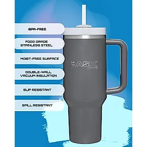 Ask HydroQuench 2.0 40oz /1183 ml Tumbler - Insulated Stainless Steel Travel Mug with reusable Straw, and Silicone Boot. (Charcoal)