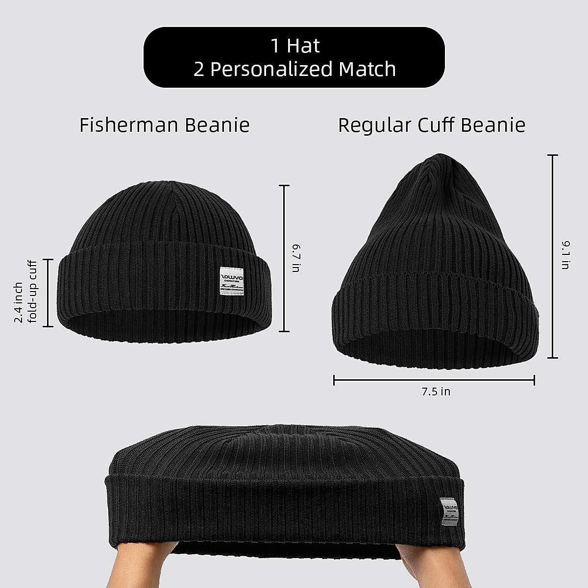 zowya Fisherman Beanie or Regular Cuff Knit Beanie for Men & Women Warm 2 in 1 Rib Watch Cap Gift Skull Cap Winter Ski Hat for Daily, 1 Hat 2 Style (Black)