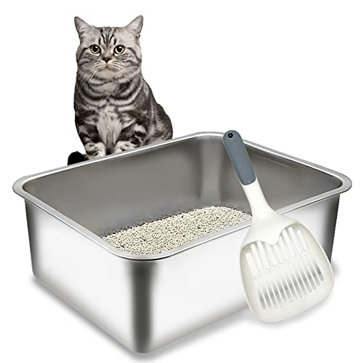 BNOSDM Stainless Steel Litter Box Smooth Litter Pan for Cats and Rabbits Metal Cat Litter Box High Sided, Easy to Clean, 17.7" L X 13.8" W X 5.9" H