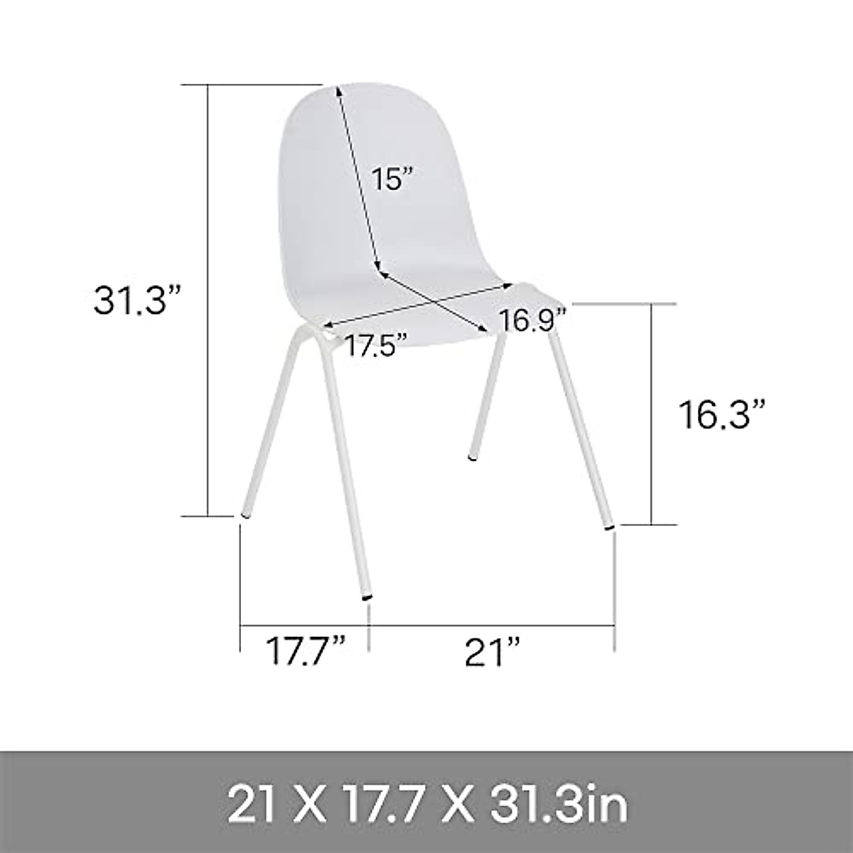 Roomnhome Stackable self-Assembly Plastic seat and Durable Steel Frame Kitchen, Dining, Bedroom Chair Set of 2(White)