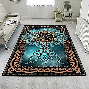 Living Room Rug - 5' x 8' Rug - Viking Gifts for Men - Bedroom Dinning Room Rug - Tree of Life Norse Decor Vikings Blue Area Rug - Rug for Bedroom Aesthetic
