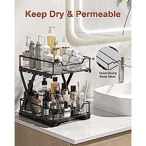 Metal Under Sink Organizer, 2 Tier Pull Out Cabinet Organizer with 5 Height Adjustable, Hold up to 80lbs, Multi-Purpose Organization and Storage For Kitchen Bathroom Pantry-Heavy Duty
