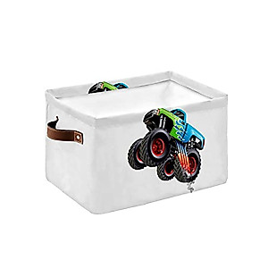 Storage Bins Large Storage Basket,Cartoon Monster Truck Wheels Collapsible Storage Bins with Handle,Watercolor Car on White Storage Baskets Cube Organizer for Shelves Closet Nursery