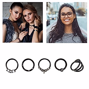 5 Pcs 8mm Cartilage Rings Hoops for Daith, Septum and Nostril Nose Earrings, Cartilage Earrings Helix Tragus Earrings Conch Earrings and Rook Piercing Earrings for Women - Black