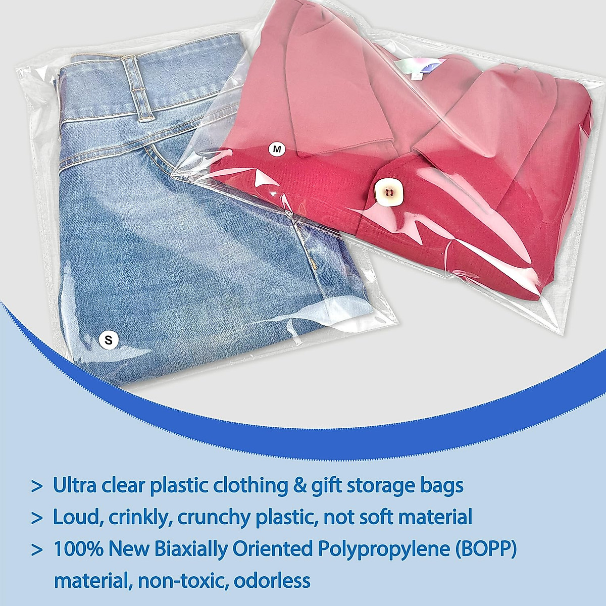 PigPotParty 100PCS 10"x13" Clear Plastic Cellophane Shirts Bags with Clothing Size Stickers, Resealable Self Seal Adhesive Bags for Jeans, Hoodies, Sweater, T-Shirt, Dress, Gift Packaging on Retail