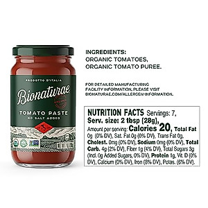 Bionaturae Organic Tomato Paste - No Salt Tomato Paste, Tomato Paste in a Jar, Keto Friendly, Non-GMO, USDA Certified Organic, No Added Sugar, No Added Salt, Made in Italy - 7 Oz, 12 Pack