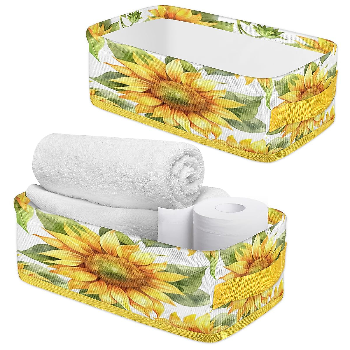 Ioracida Yellow Sunflower Toilet Paper Basket Toilet Tank Fabric Storage Basket with Handles, Summer Floral Small Decor Baskets for Organizing Bathroom Toilet Tank Top