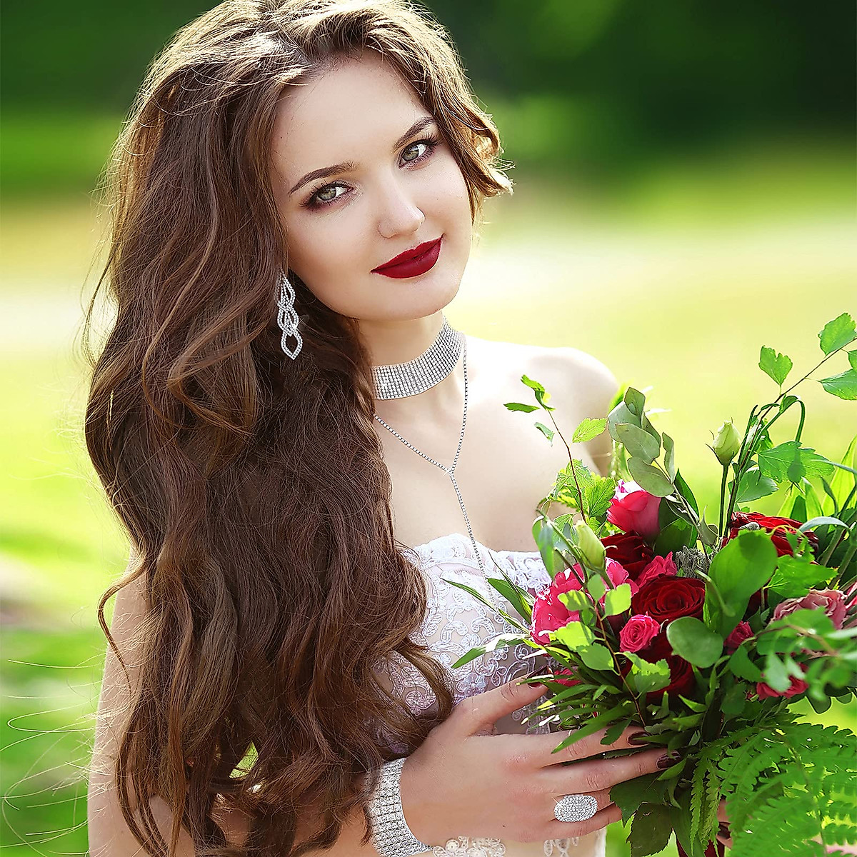 Fumete 4 Pcs Rhinestone Jewelry Set Bling Diamond Choker Necklace Bracelet Ring Earrings Set for Women Party Costume Jewelry