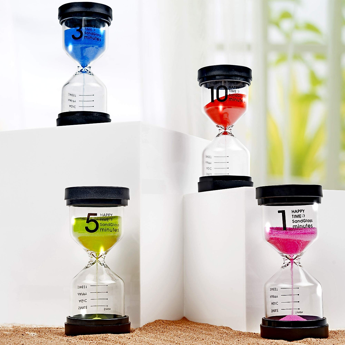 THE TWIDDLERS 4 Premium Hourglass Sand Timers, 4 Colors: 1min 3min 5min 10 Minutes