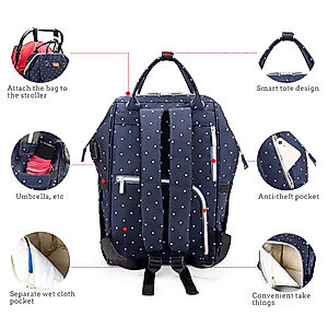 Diaper Bag Backpack for Baby with Insulated Pockets Stroller Straps Changing Pad and USB Charging Port, Large Capacity, Waterproof, Blue&Point