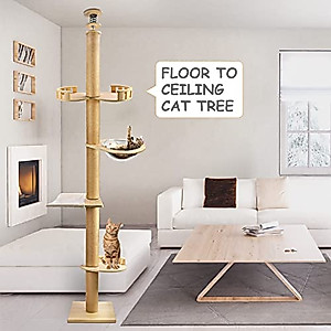 HOPERAN Floor-to-Ceiling Cat Tree (Adjustable Height: 100.3" - 106.3") 4-Layer Cat Climbing Tower with Hammock, Fence Springboard, Space Capsule, Fence Lookout, Natural Sisal Rope Scratching Posts