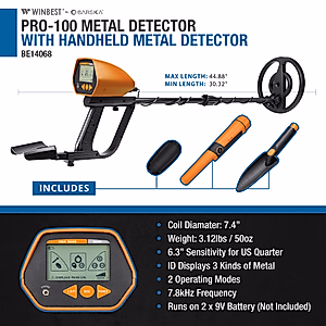 Barska Winbest Pro-100 Metal Detector Kit with Handheld Metal Detector, Submersible Search Coil, Adjustable Length