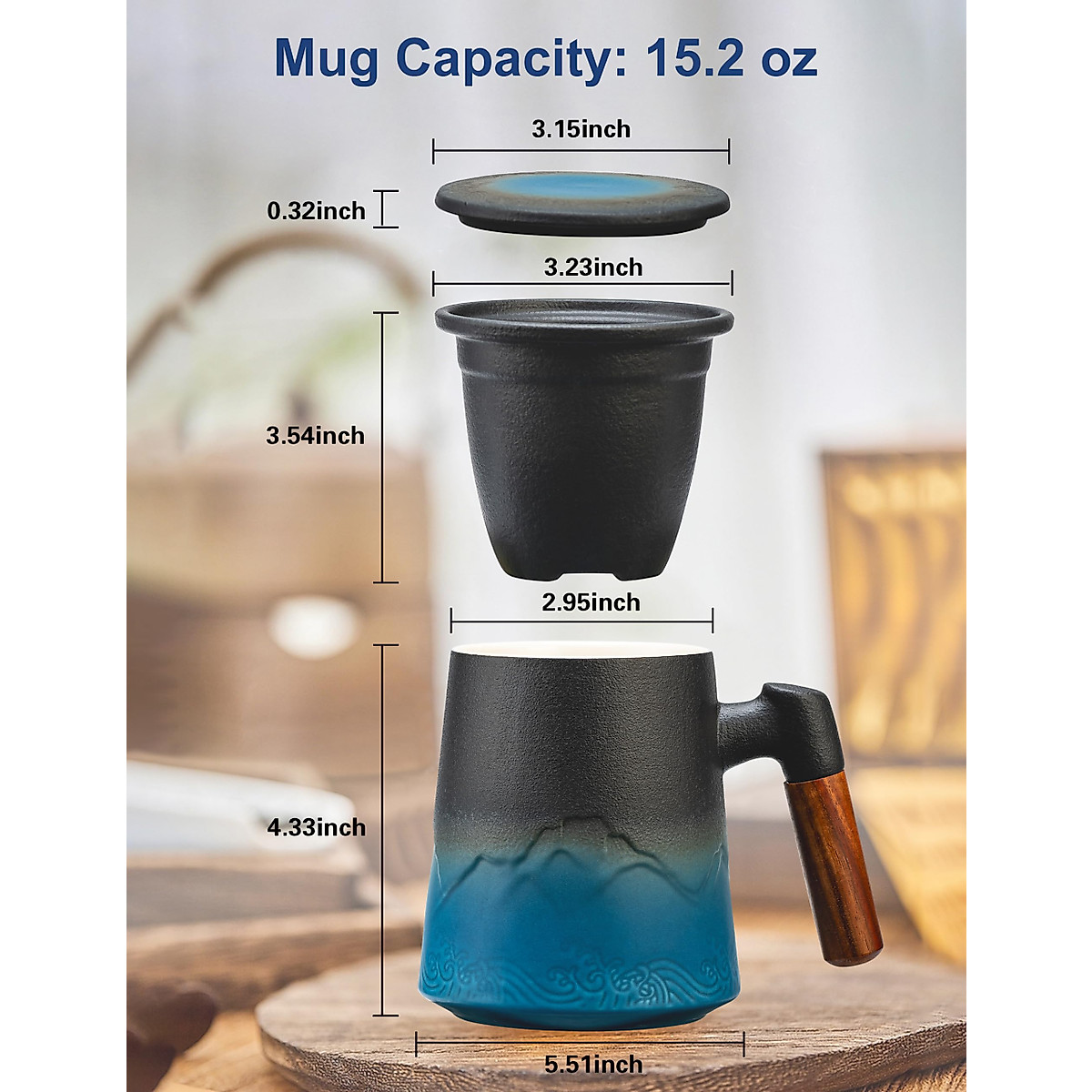 suyika Tea Cup with Infuser and Lid, 15.2 Ounce Wood Handle Ceramic Loose Leaf Tea Mug,Embossed Tea Steeping Mug for Gifts, Gradient Black&Blue 450ml