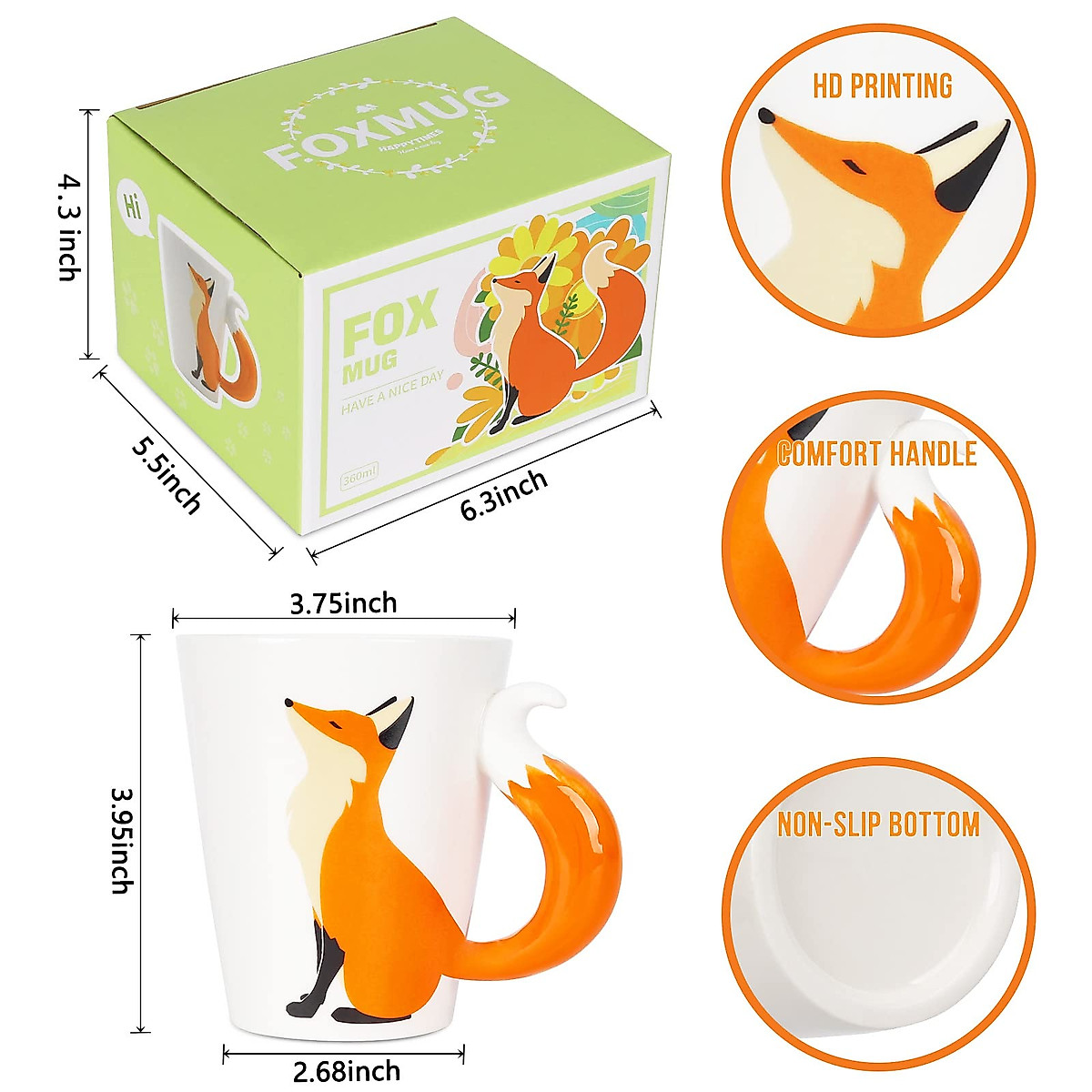 FRYSEFDFV Cute Cartoon Animal Shape Fox Porcelain Coffee Mugs Gifts For Women & Men, 12oz Funny White Ceramic Cups for Latte, Hot Tea, Cappuccino, Mocha, Cocoa