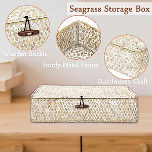 Hipiwe Seagrass Storage Bins with Lid Large Wicker Basket Box for Shelf Organizing Flat Woven Shelf Basket Bin Home Decorative Baskets for Closet Bedroom, Whitewash