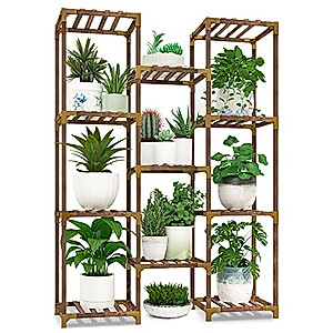 HOMKIRT Plant Stand Indoor Outdoor, 11 Tier Reinforced Plant Shelf Tall Plant Stands for Multiple Plants Large Wood Plant Rack Holder Garden Shelves Flower Stand for Living Room Patio Corner