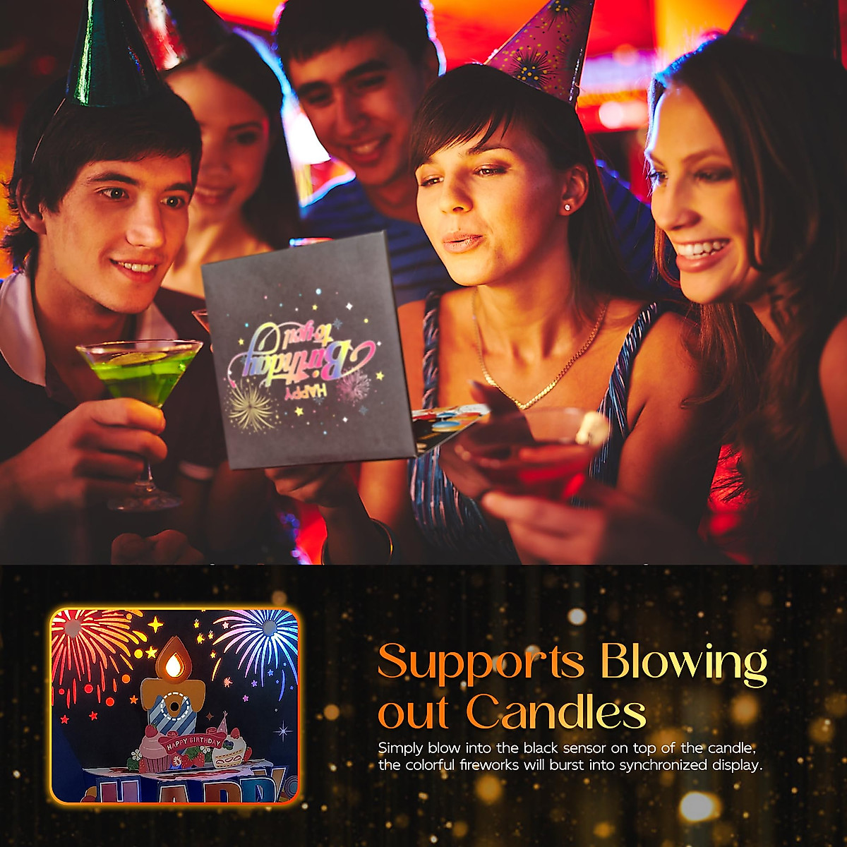 Sliafwh Happy Birthday Cards Includes Envelope, 3D Pop Up with Song, Blow Out LED Light Candle then Firework, Funny Gift for Women, Men, Mom, Dad, Sister, Kids (Upgrade)