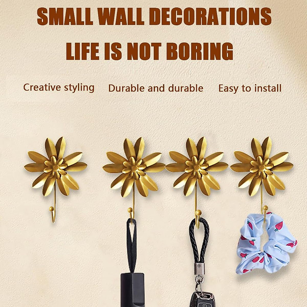 Sdjdhej Golden Flower Single Hooks, 4Pcs Flower Retro Style for Room Wall Mounted Decoration, Coat Hat Scarf Hanging Entry Heavy Duty Hooks, Home Decor (C)