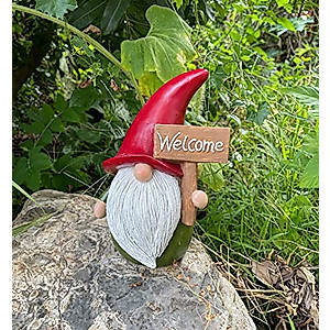 FICITI Garden Gnome Statue with Welcome Sign, Outdoor Lawn Décor Yard Sculpture Home Decorations, 8 Inch Tall