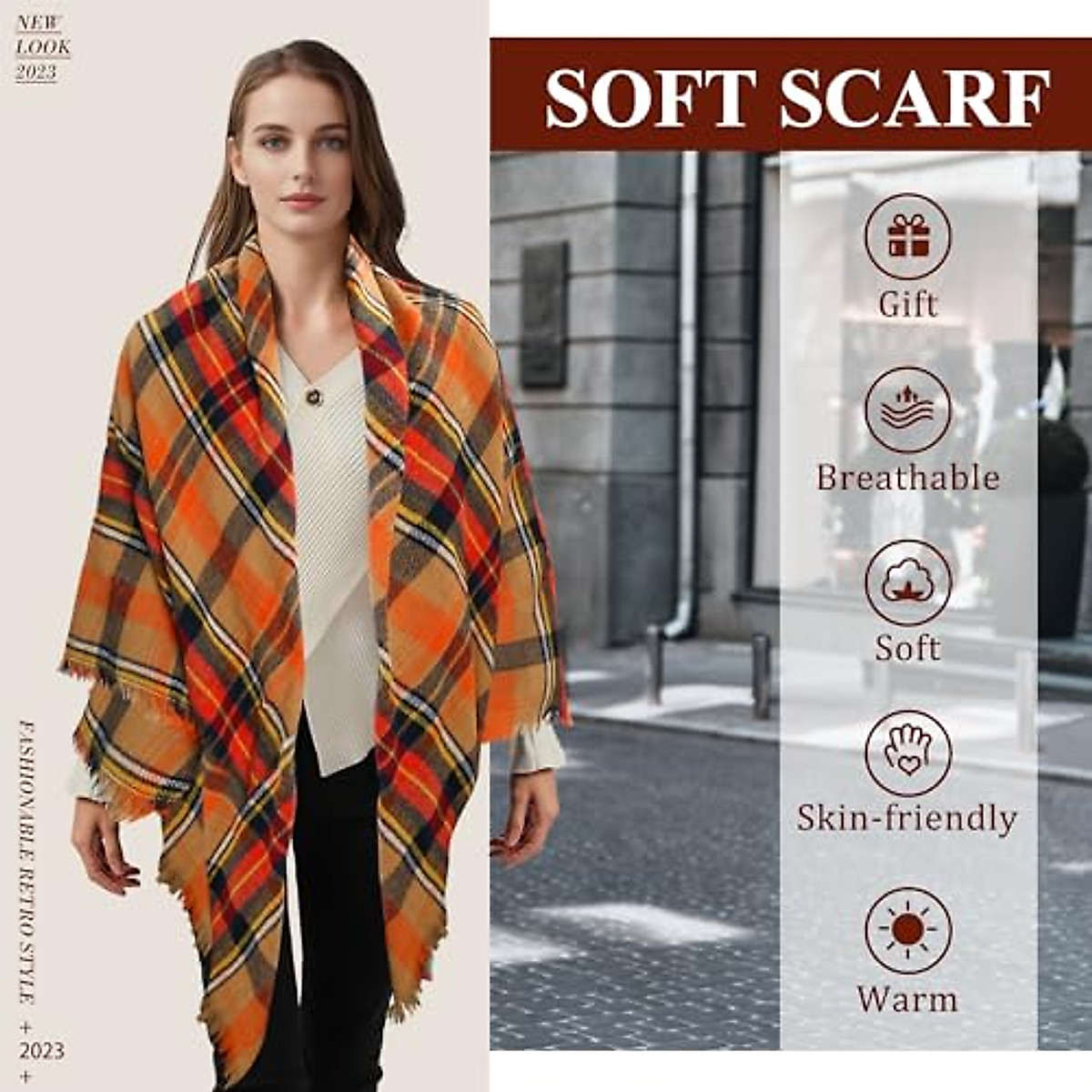 BFONS Plaid Blanket Scarf Winter Fall Scarfs for Women, Warm Soft Chunky Large Blanket Wrap Shawl Oversized Scarves Gift For Women Orange