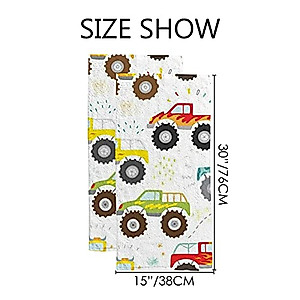 Hand Towels Set for Bathroom,Absorbent Dish Towels for Gym Spa,30"x15"，Kids Doodle Monster Truck (2 PCS)