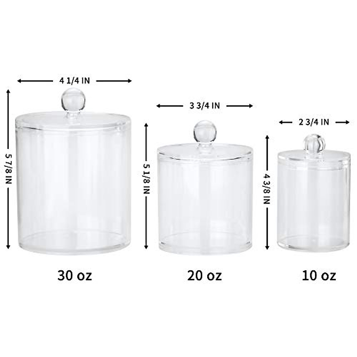 Marathon Studios Qtip Holder Dispenser Acrylic Clear 3 Pack for Cotton Swabs/Cotton Balls/Cotton Rounds, Bathroom Accessories Apothecary Jars Vanity Organizer, Bathroom Canisters - 30 oz/20 oz/10 oz
