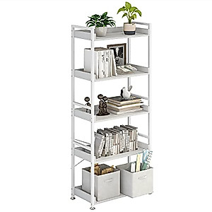 4NM Open Shelf 5-Tier Industrial Bookshelf Storage Shelves Vintage Bookcase Standing Racks for Home Office Pantry Closet Kitchen Laundry - All White