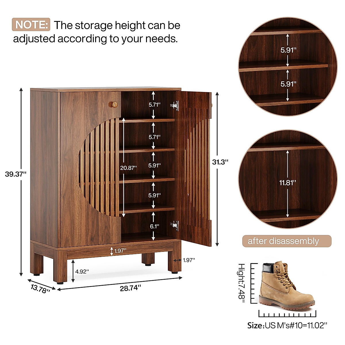 Tribesigns 5-Tier Shoe Cabinet with Round Louvered Doors, 20 Pairs Farmhouse Shoe Storage Cabinet with Adjustable Shelves, Freestanding Shoe Rack Organizer for Entryway, Hallway, Living Room, Brown