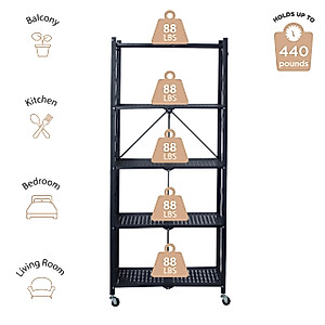 Organize It All Foldable Metal Rack with Wheels | Dimensions: 27.875"x 13.25"x 63.28"| 5 Tier | Holds Maximum 440 Pounds | Home Organization | Black