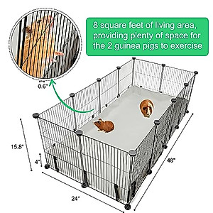 Lonepetu 8 Square Guinea Pig Cage with Tarp Bottom, C&C Cage Habitats with PVC Liner, Small Pet Playpen and Cage Liners for Rabbit Guinea Pig Bunny Ferret Hedgehog 12 Panels 48" x 24" x 16", Grey