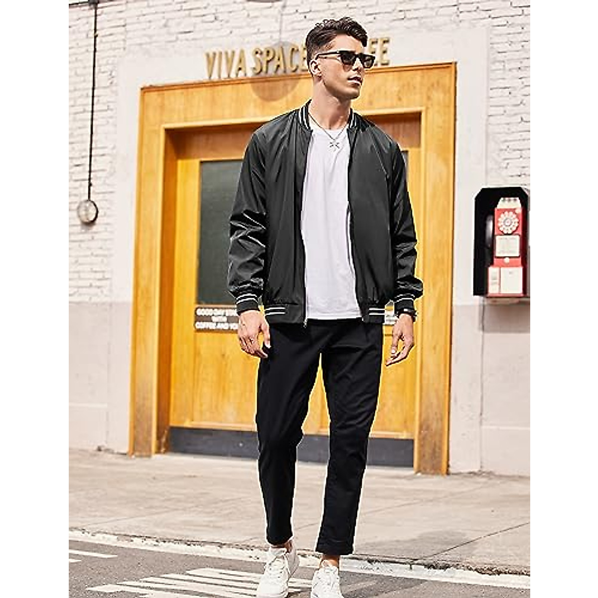 COOFANDY Men Flight Bomber Jacket Lightweight Softshell Jackets Zip Up Windbreaker Outwear Black