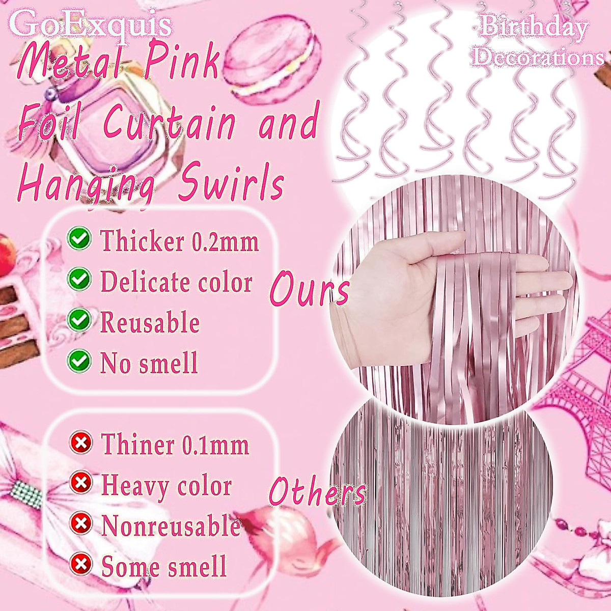 GoExquis Hot Pink Rose Gold Birthday Decorations for Women Girls Butterfly Decor Cake Topper Hanging Swirls Foil Curtain Tassel Garlands Paper Pom Poms Happy Birthday Banner Balloons