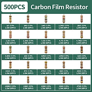Uiusaur 500pcs 25 Value Carbon Film Resistors Assortment Kit 1 Ohm-1M Ohm with 5% 1/2W for Industrial Electrical and Arduino， TV, LCD Monitor, Radio, Stereo, Game, Refrigerator, Water Heater, etc.