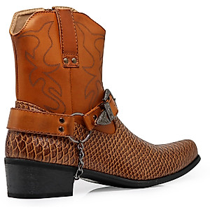 Alberto Fellini Men's Crocodile Prints Western Cowboy Boots with Side Zipper, Belt Buckle and Metal Chain (10.5, Brown)