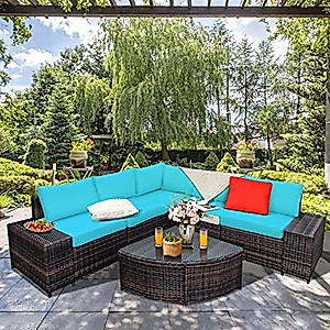 Tangkula 6 Piece Wicker Patio Furniture Set, Outdoor All Weather PE Rattan Conversation Set w/Tempered Glass Coffee Table, Sectional Sofa Set w/Comfortable Cushions for Backyard, Garden (Turquoise)