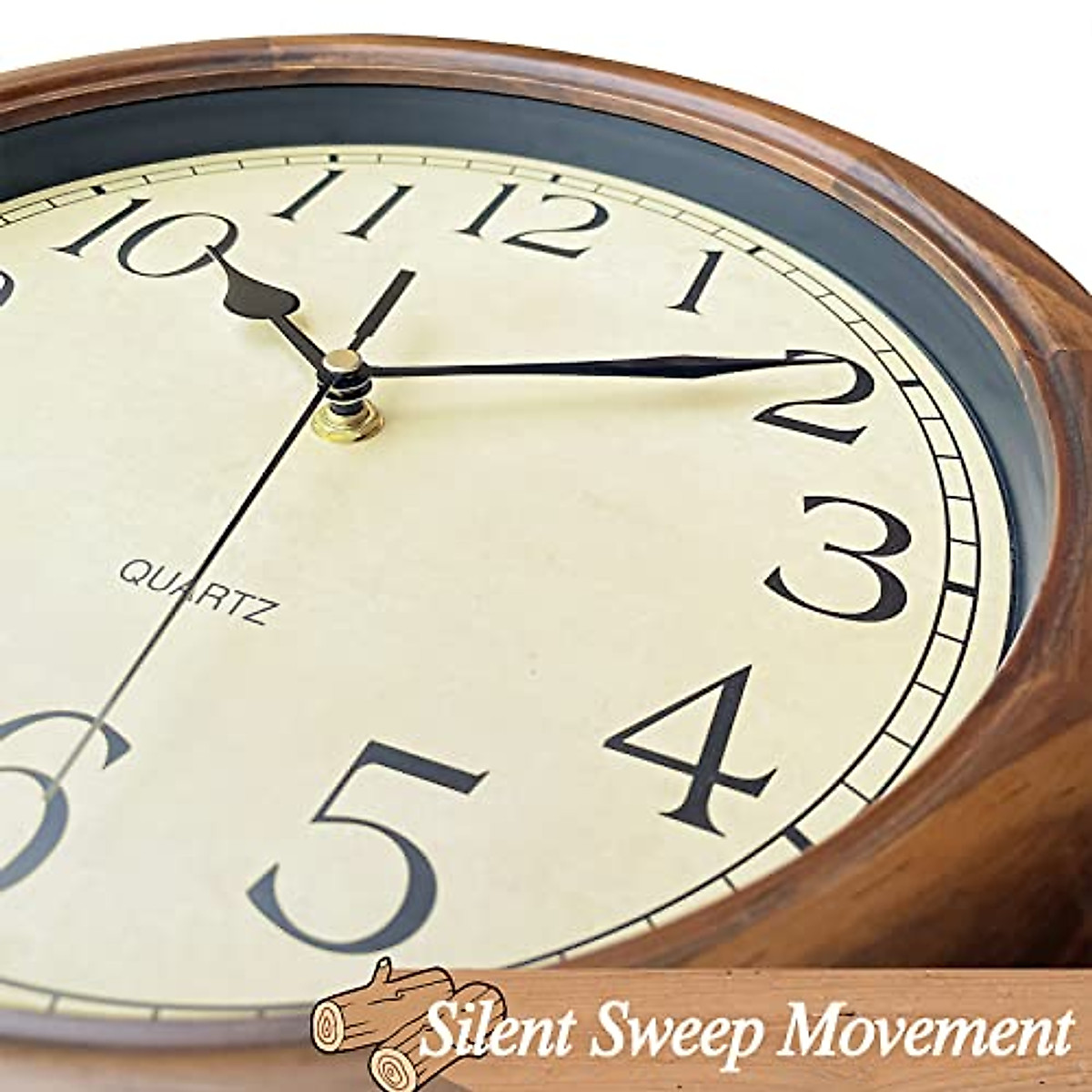 Wood Wall Clock with Retro Design, 12 Inch Round, Big Arabic Numerals, for Living Room Kitchen Classroom Gym and Pool, Brown