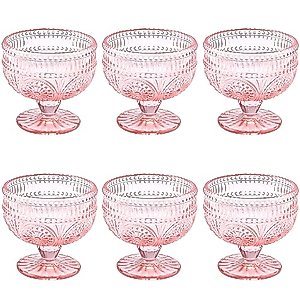 Vintage Glass Dessert Bowls Set of 6-11.5 oz Pink Embossed Glass Ice Cream Bowls for Salad, Candy Cake, Fruit,Trifle,Cocktail