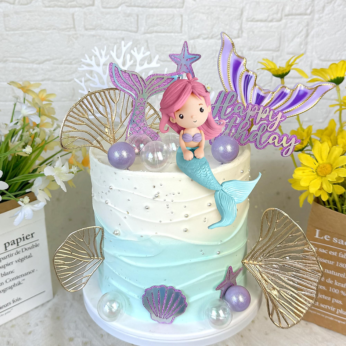 DRWATE Mermaid Cake Toppers with 3D Mermaid Shell Starfish Fishtail Balls for Kids Girls Birthday Party Baby Shower Supplies (Style1)