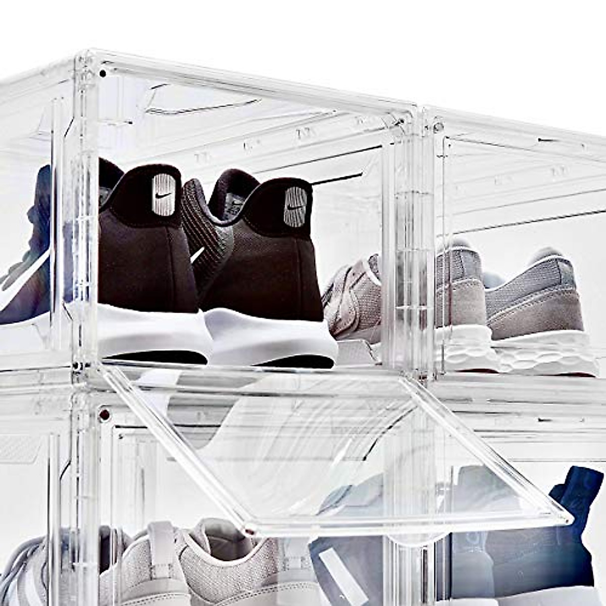 Kleerbox Shoe Box Organizer - 4 Pack - Acrylic - Secure Stacking Shoe Rack - Shoe Organizer - Closet Storage Organizer - Shoe Container for Display - Magnetic Drop Front - Dust, Crease Proof - Clear