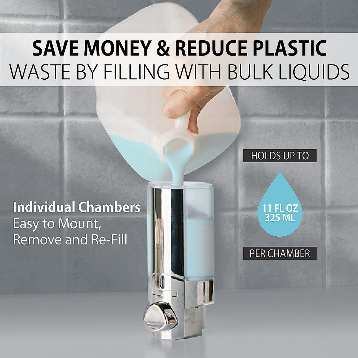 Better Living Products Aviva Shower Dispenser 3, Shampoo and Soap Dispenser, 3 x 11 fl. oz. Chrome, 11.2 x 3.5" x 7"