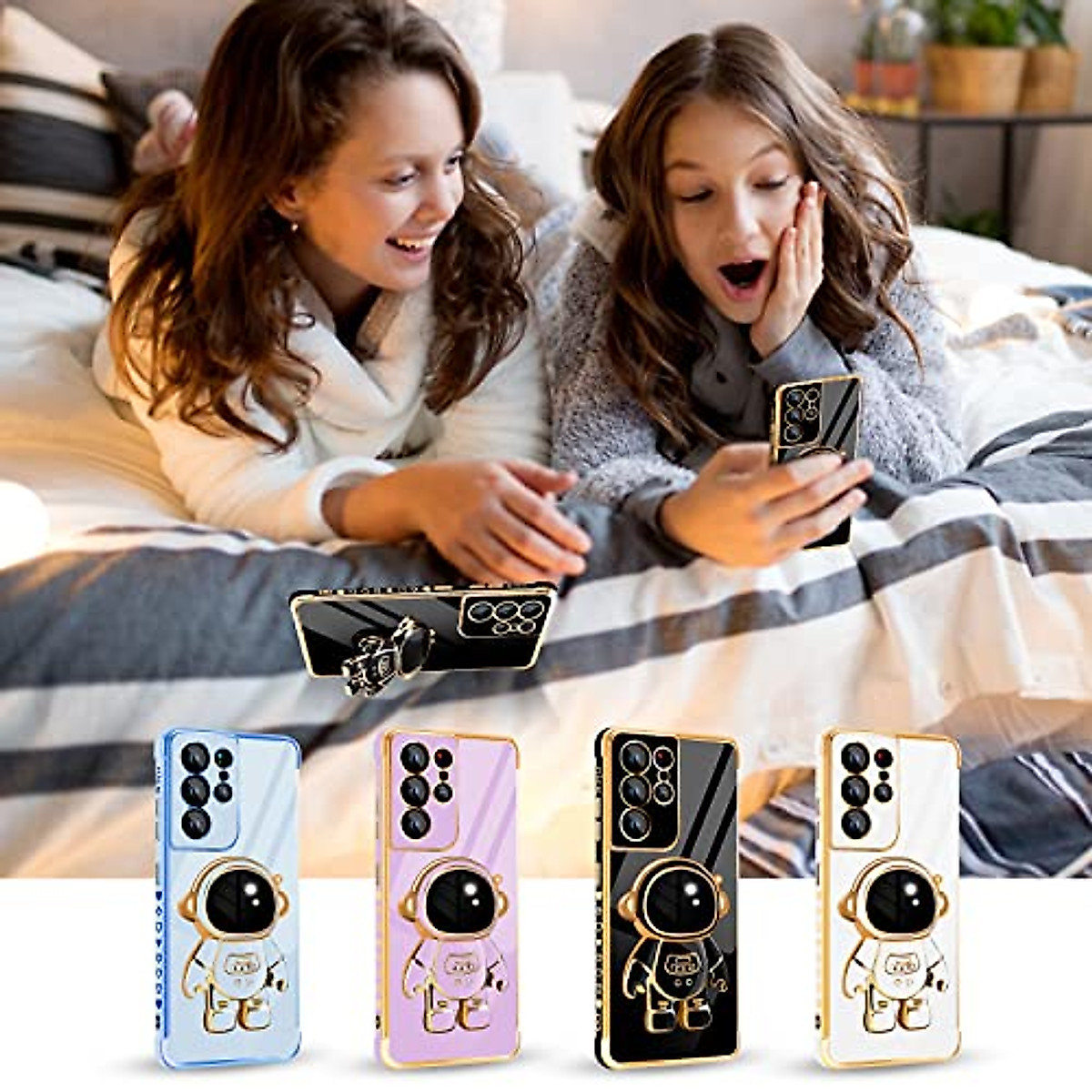 Jusy Samsung Galaxy S22 Ultra 5G Case - 6D Plating Astronaut Stand, Camera Protector, Shockproof Bumper, Love Heart Theme, Elegant Design for Girls & Women - Black