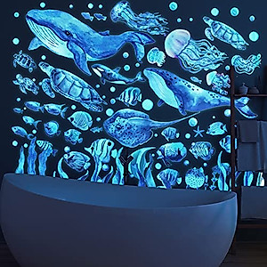 Glow in The Dark Under The Sea Wall Decals Glowing Ocean World Themed Wall Stickers Sea Turtle Seaweed Jellyfish Removable Wall Decor for Bathroom Bedroom Nursery Toddler Kids Boys Girls Room