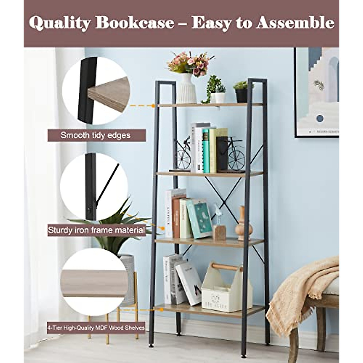 LuxenHome 4 Tier Ladder Bookshelf, 58'' Modern Leaning Bookshelf, Solid Real Wood Bookcase, Rustic Shelves with Industrial Metal Frame, Tall Wide Bookshelf Storage for Classroom, Light-Oak