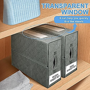 Erarrow Foldable Bed Sheet Set Organizer, Storage Box for Duvet Cover Set with Clear Window and Handles, Linen Closet Organizer for Bedding Clothes Blankets, 2 Pack (Queen or King Size),Dark Grey