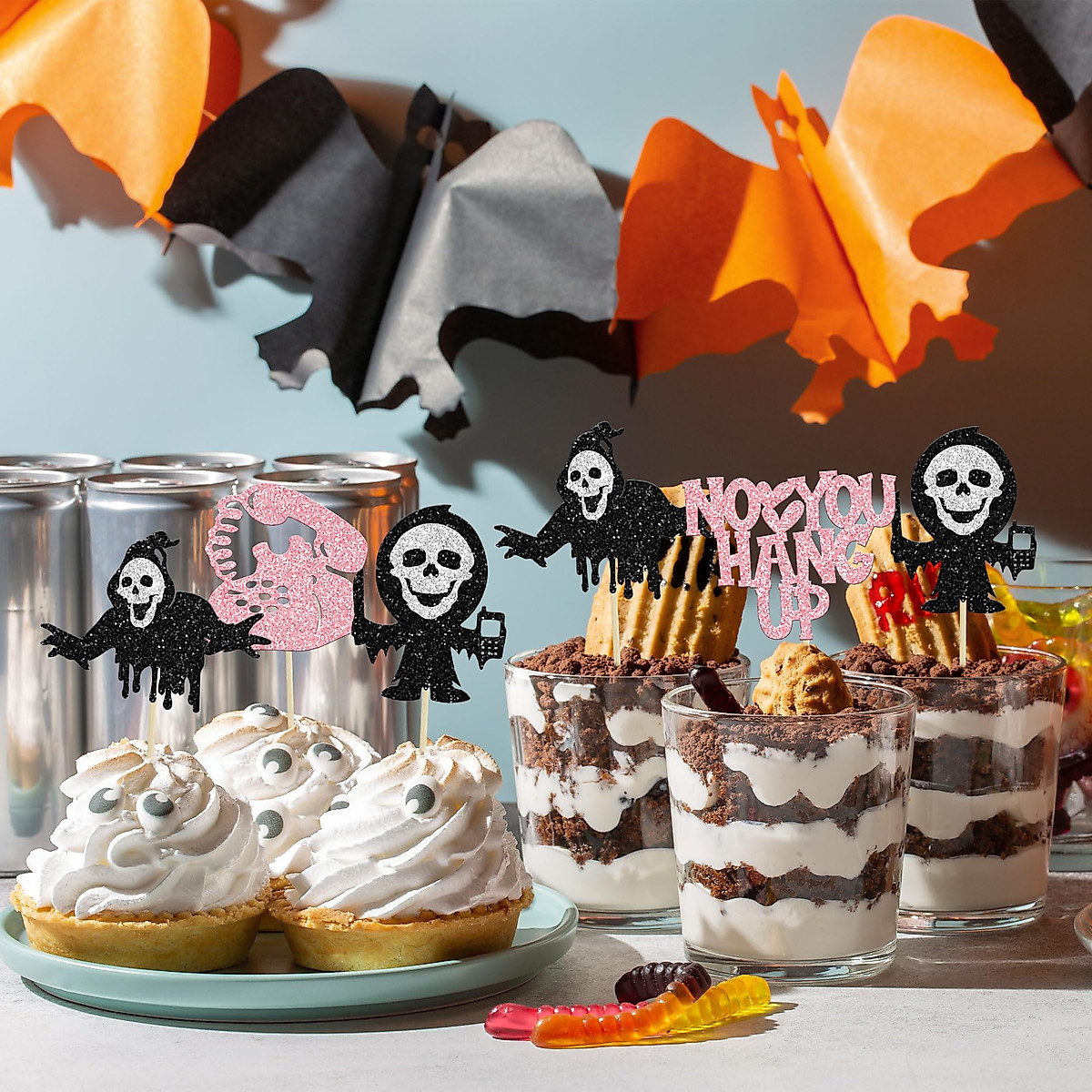 Gyufise 24Pcs Horror Movie Cupcake Toppers Glitter Telephone No You Hang Up Killer Birthday Cupcake Picks for Horror Movie Theme Birthday Halloween Party Cake Decorations Supplies
