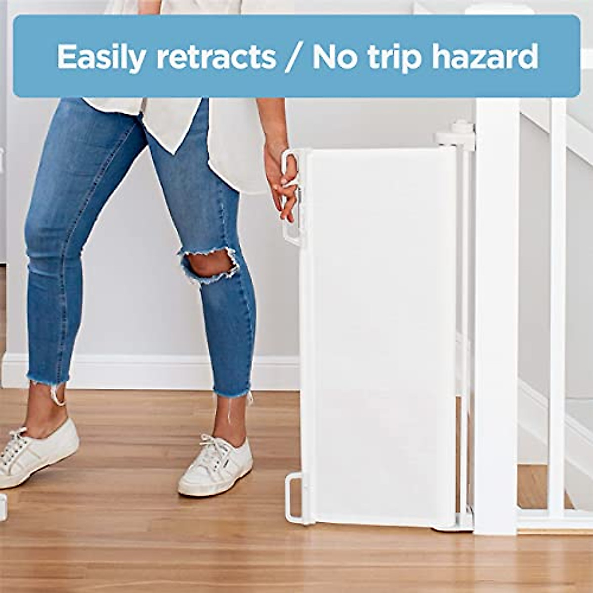 Retractable Baby Gate Perma Child Safety 41" Tall x 71” Wide, Mesh, For Stairs, Doorways, Dogs, Pets, Indoor, Outdoor, One-Handed Operation, Locking, Easy Install, Hardware Mount, White
